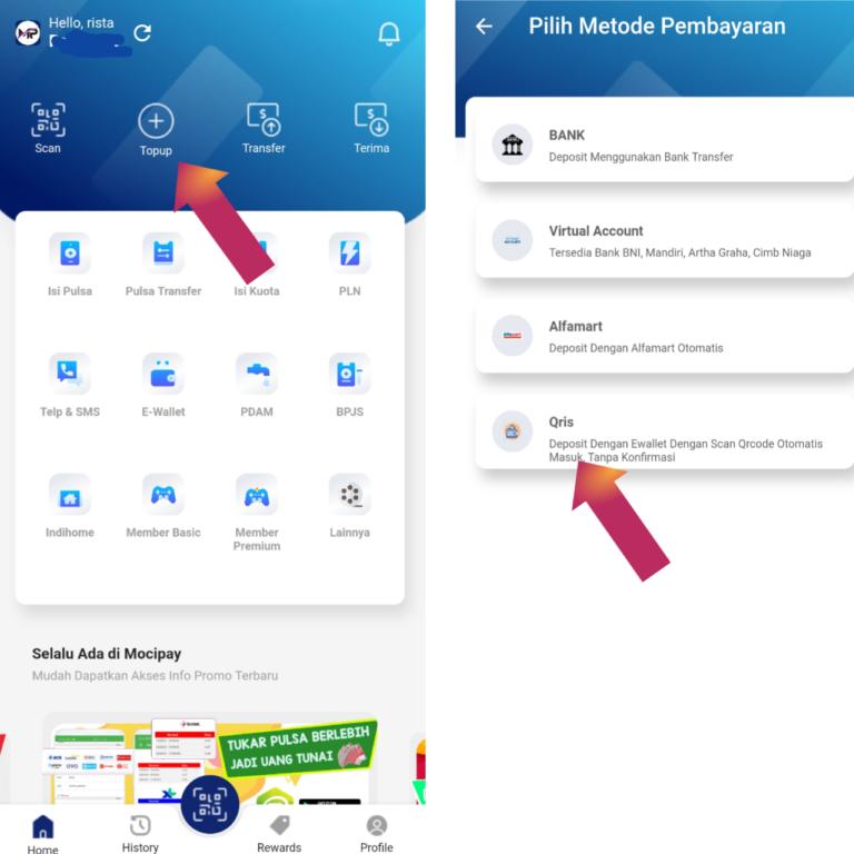 Pembayaran Melalui QRIS : Top Up Saldo Mocipay